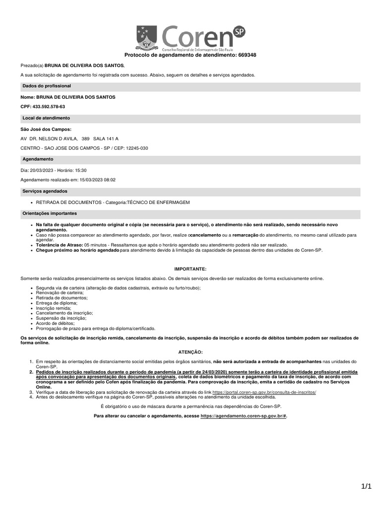 Protocolo Corensp Agendamento | PDF