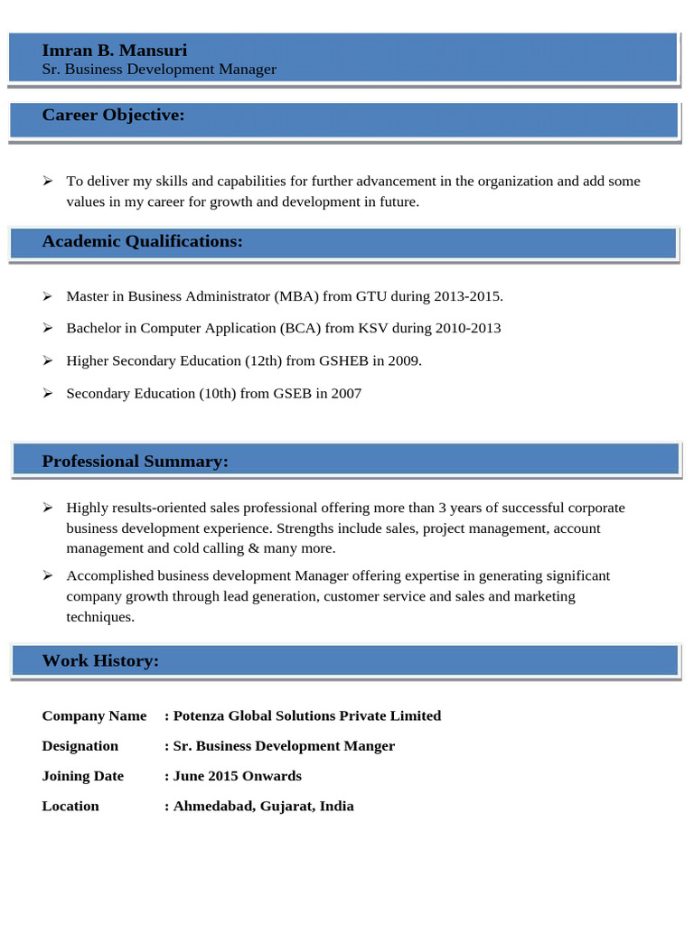 Imran Mansuri - Business Development Manager | PDF | Sales | Career ...