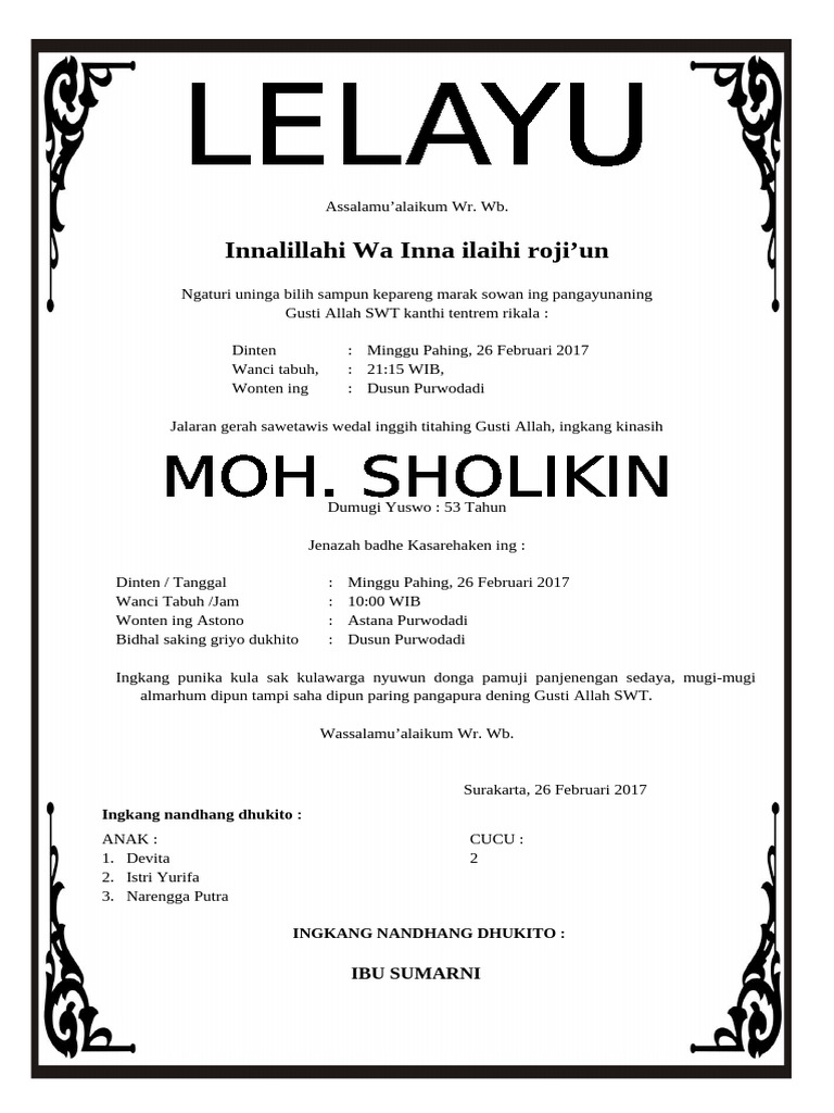 Pengumuman Duka: Ibu Sumarni | PDF