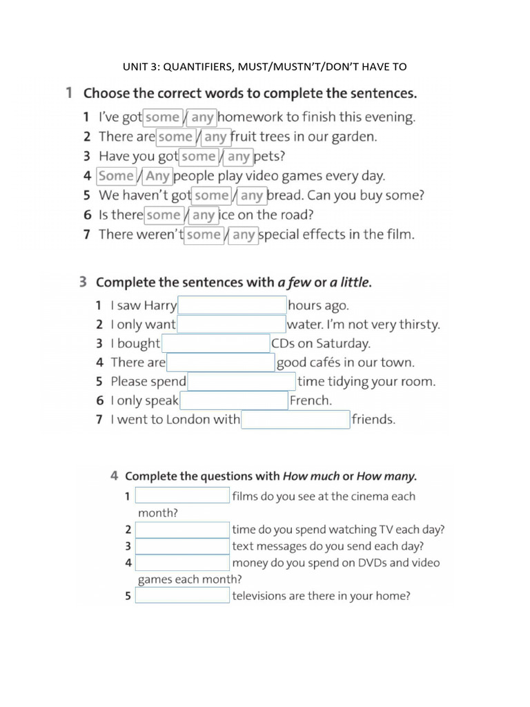 Unit 3: Quantifiers, Must/Mustn'T/Don'T Have To | PDF
