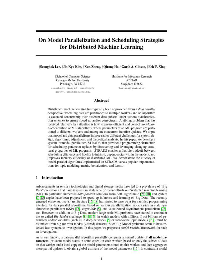 On Model Parallelization and Scheduling Strategies For Distributed Machine Learning | PDF