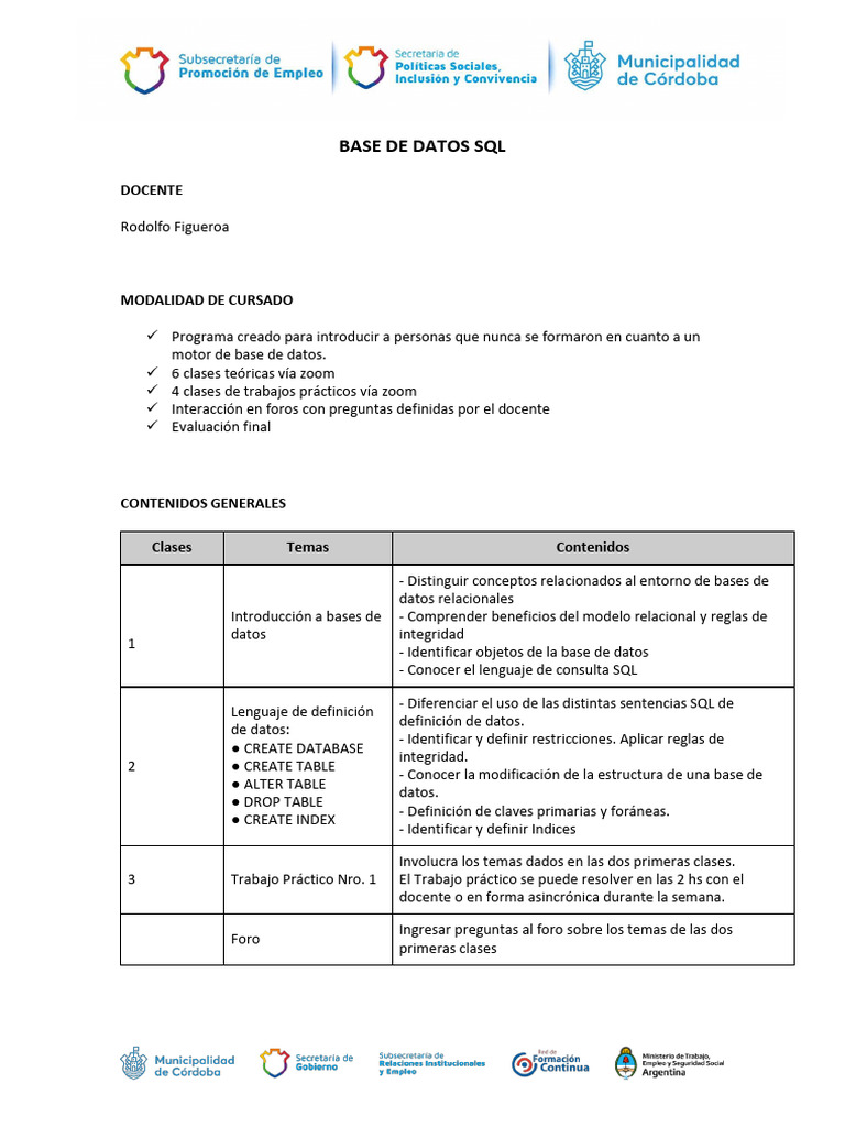 Presentacion Del Docente y Temario BASE DE DATOS SQL | PDF