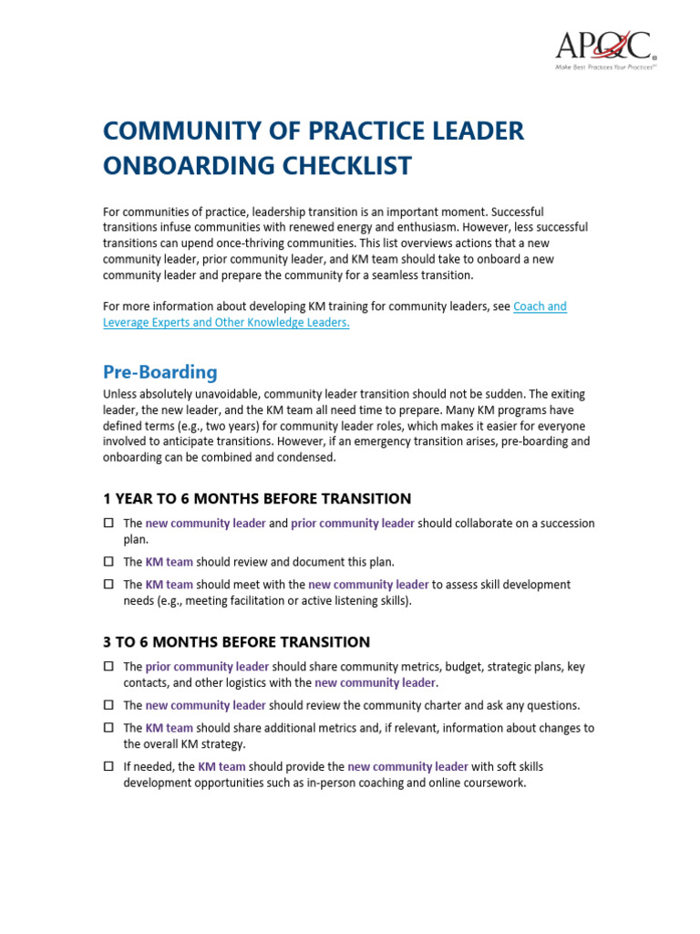 K010607 Community Leader Onboarding Checklist | PDF