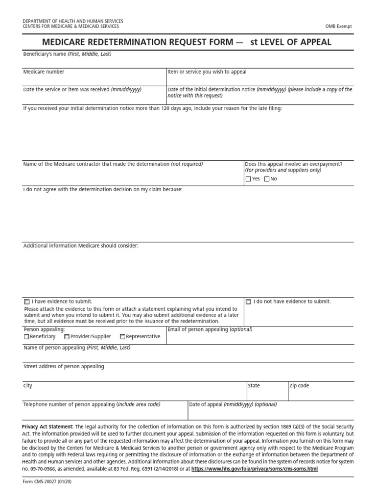 MEDICARE REDETERMINATION REQUEST FORM — 1st LEVEL OF APPEAL | PDF