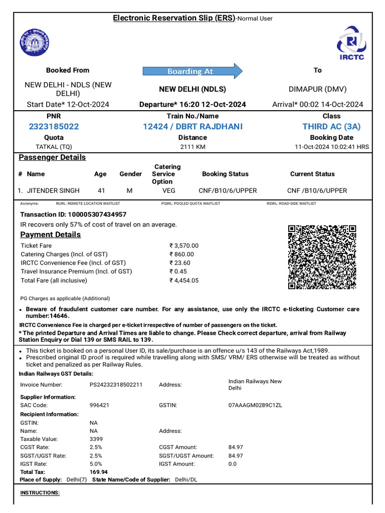 DBRT Rajdhani Third Ac (3A) : Electronic Reservation Slip (ERS) | PDF