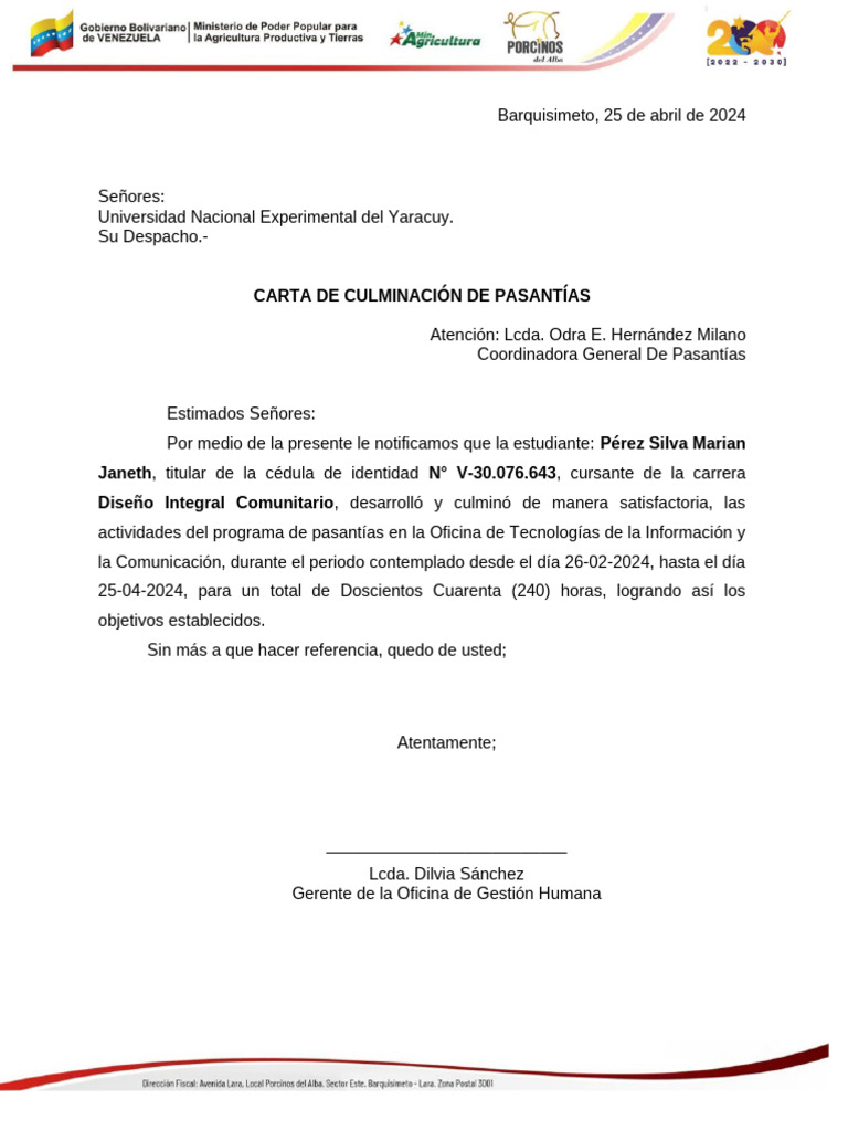 Oficio Carta de Culminación Pasante Diseño 25042024 | PDF
