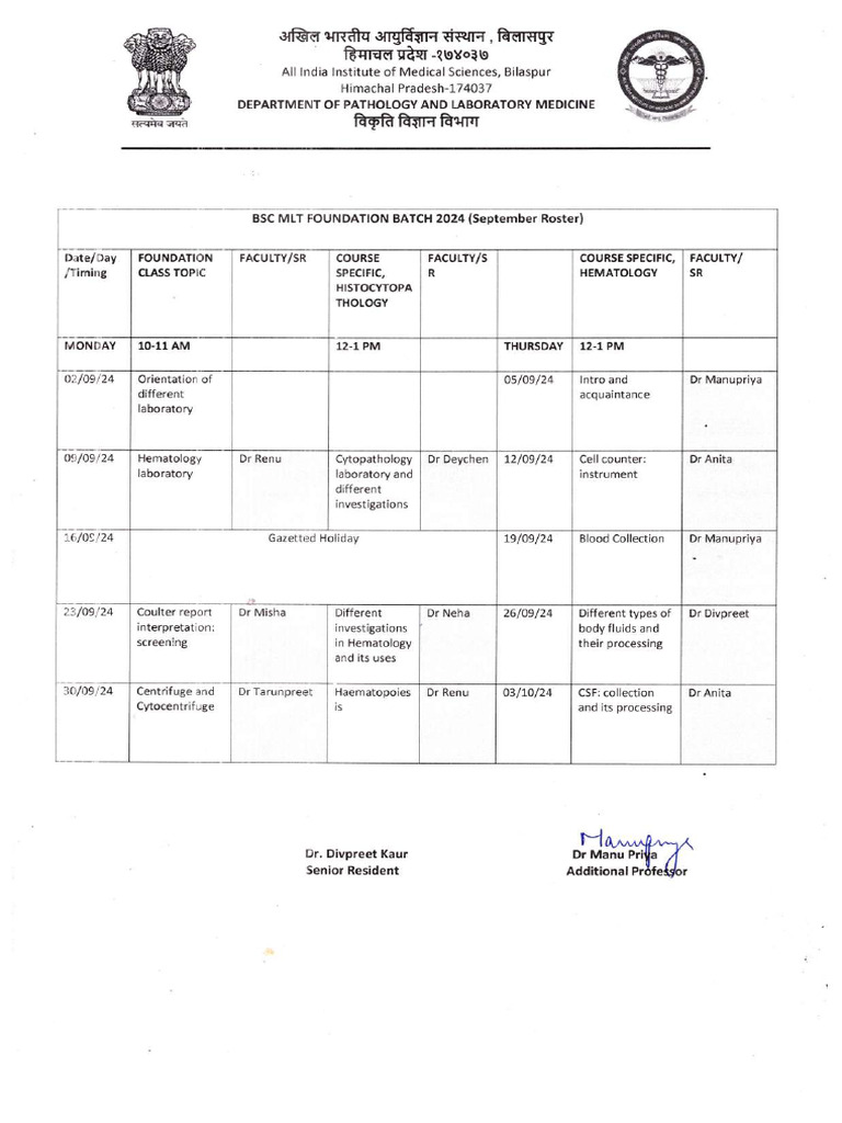 BSC MLT Foundation Batch 2024 (September-24 Roster) | PDF