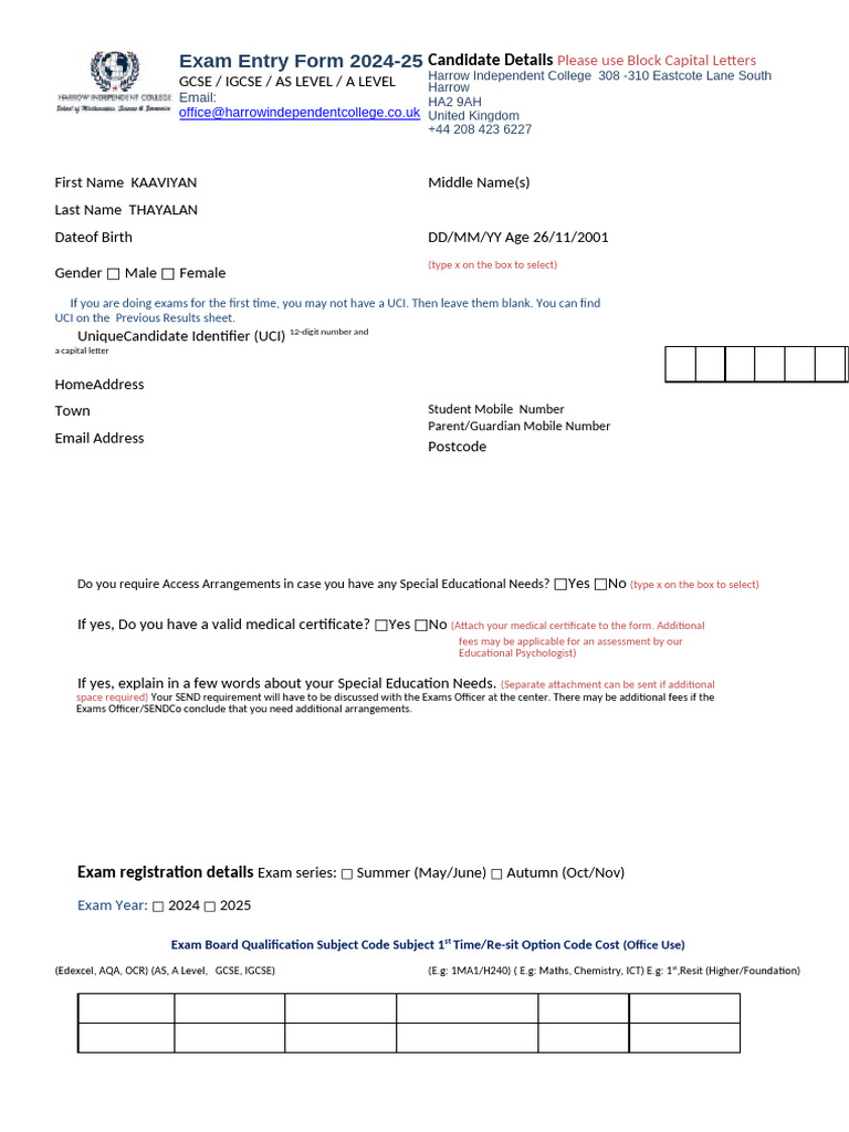 Exam Entry Form 2024-25 Editable | PDF