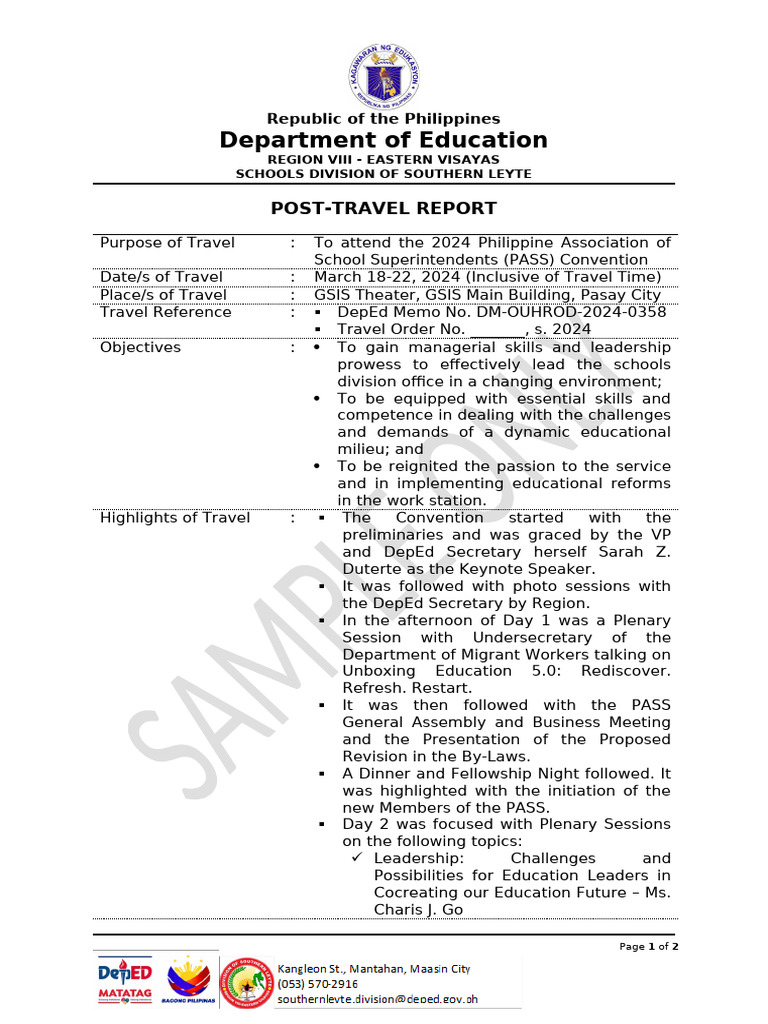 Updated Sample Post Travel Report | PDF