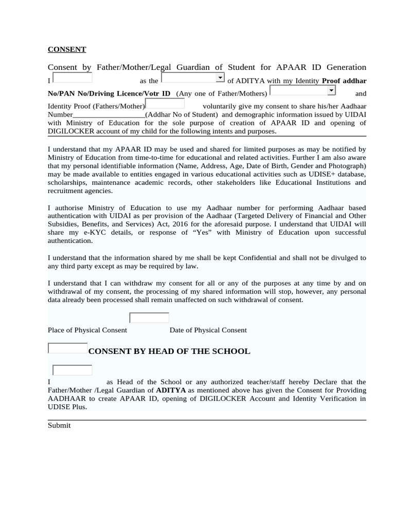 Concent Form For APPAR ID | PDF