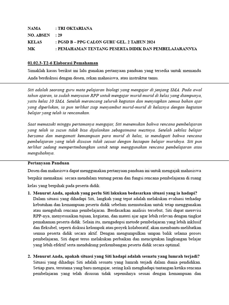 29 Tri Oktariana PGSD B T2-6 Elaborasi Pemahaman PPDP | PDF