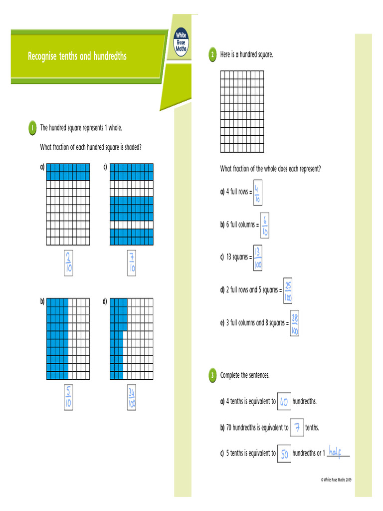Y4 Spring Block 4 ANS1 Recognise Tenths and Hundredths 2019 | PDF