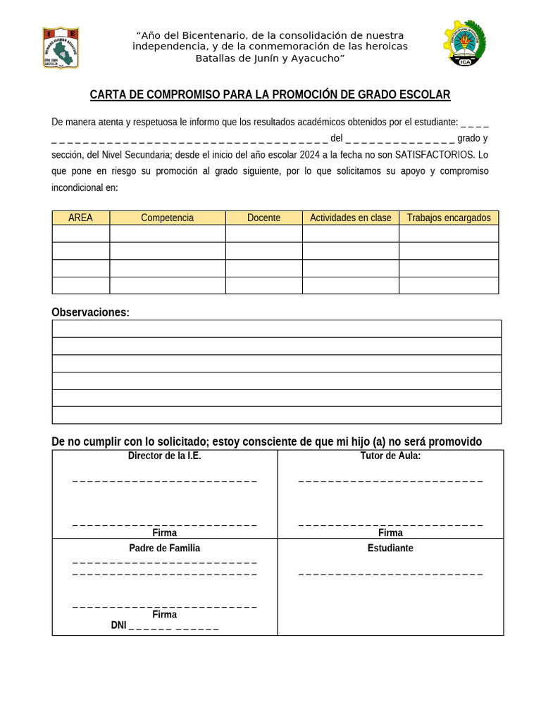 Compromiso para Promoción Escolar 2024 | PDF