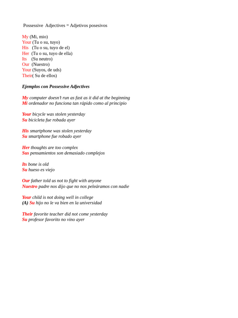 Possessive Adjectives - Adjetivos Posesivos | PDF