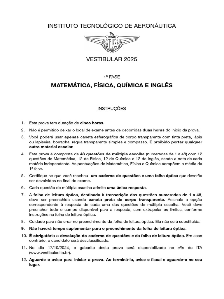Ita 2025 1 Fase Prova Objetiva | PDF