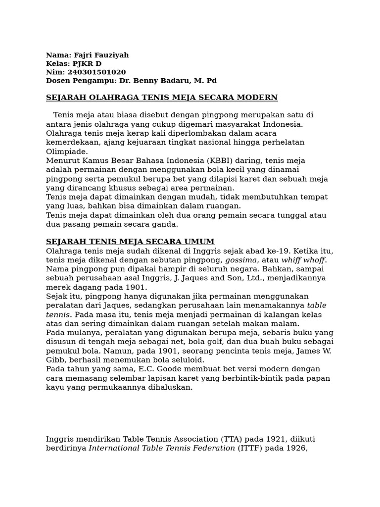 SEJARAH OLAHRAGA TENIS MEJA | PDF