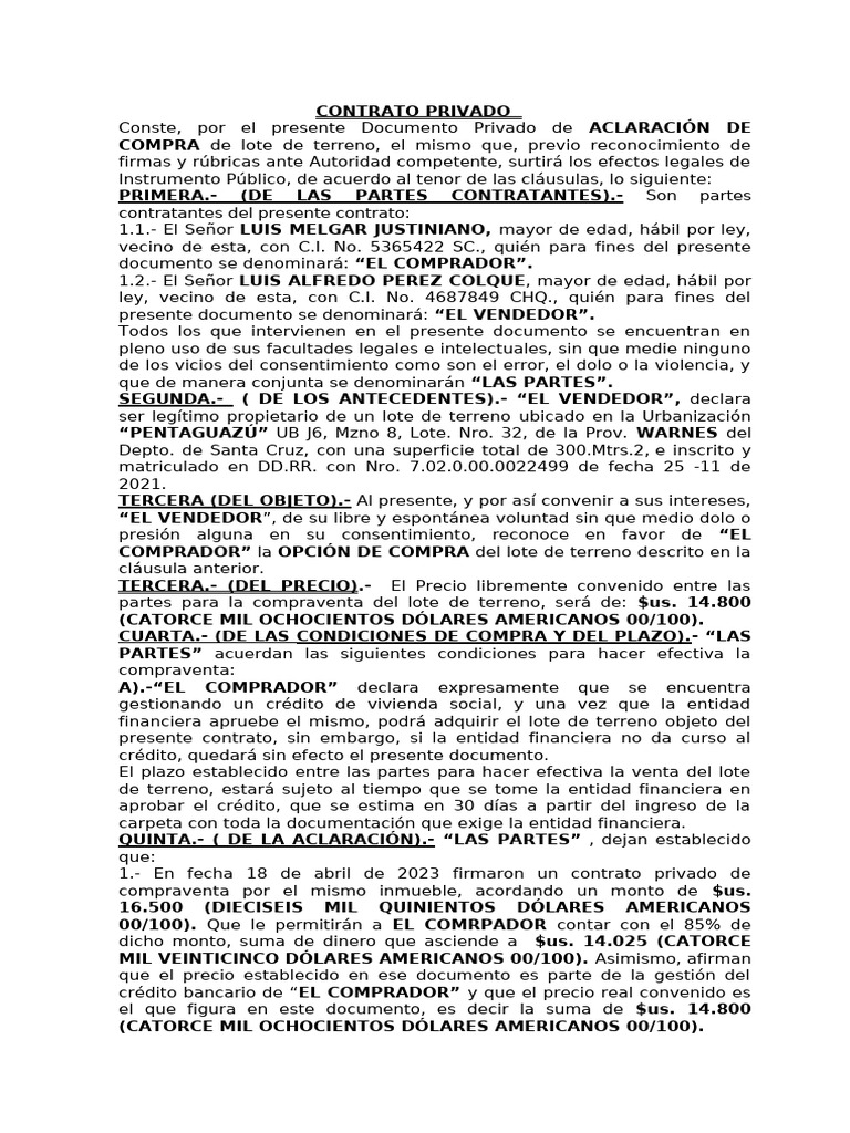 CONTRA-DOCUMENTO PRIVADO Compra Lote Luis Melgar | PDF