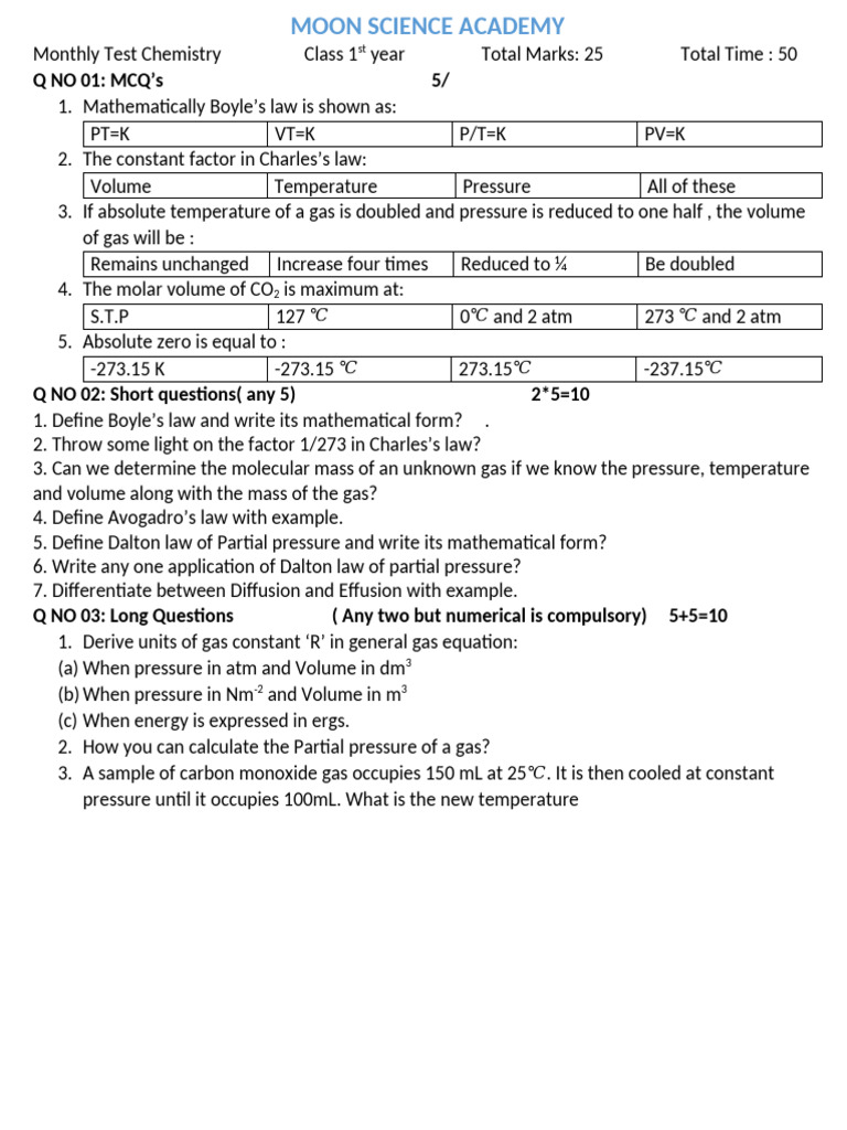 Monthly Test Chemistry Class 1st Year Total Marks | PDF | Science ...
