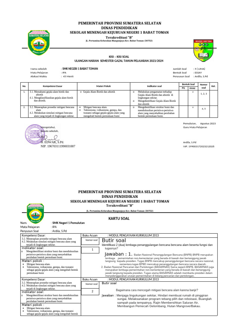 Kisi2 Dan Kartu Soal | PDF