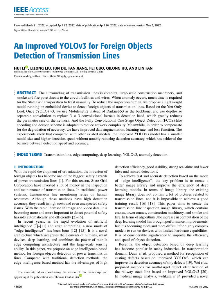 An Improved YOLOv3 For Foreign Objects Detection of Transmission Lines | PDF | Deep Learning