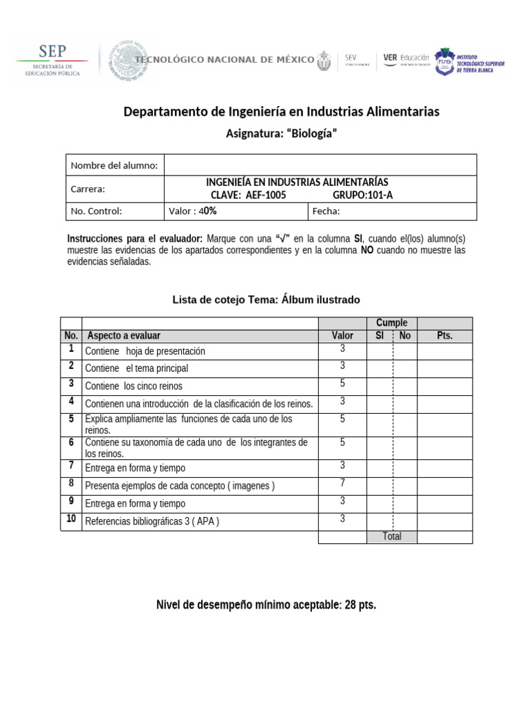 Lista cotejo_ITSTB -Catalogo de los reinos | PDF