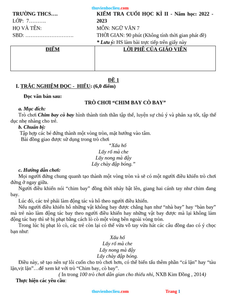 Bo de Thi HK2 Ngu Van 7 HK2 CTST Nam 22 23 | PDF
