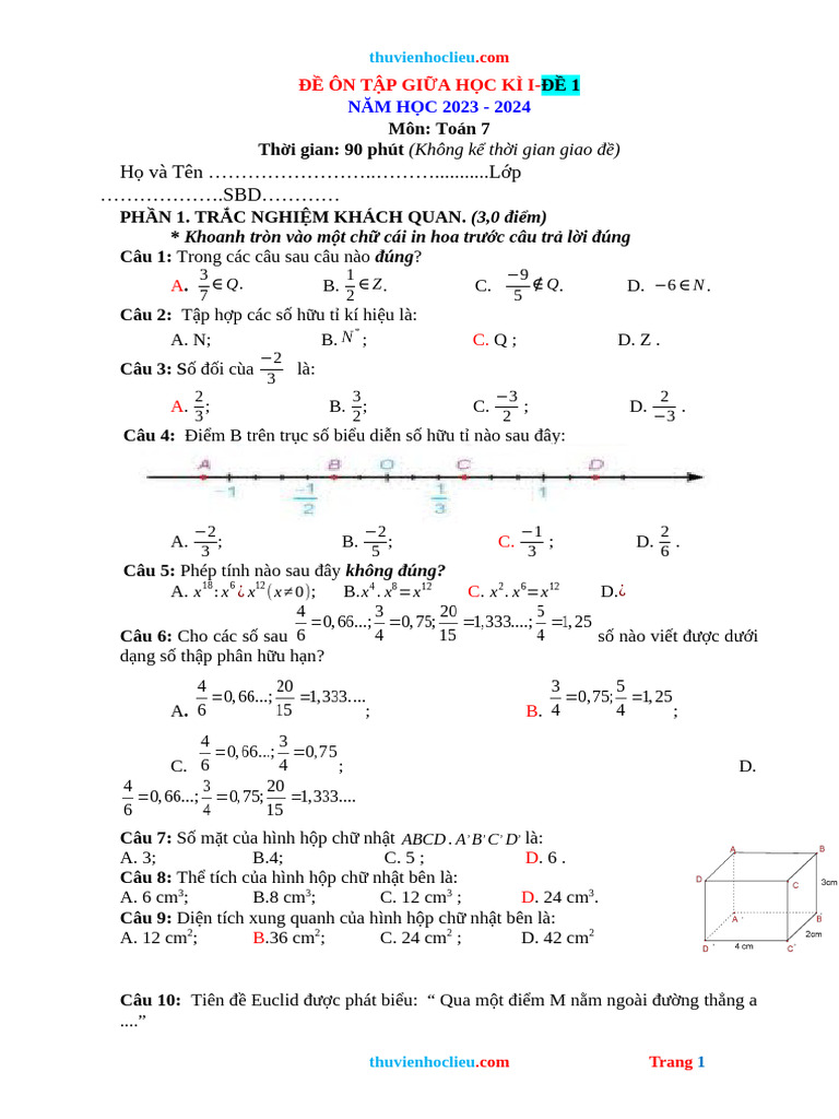 De On Tap Giua HK1 Toan 7 KNTT 23 24 | PDF