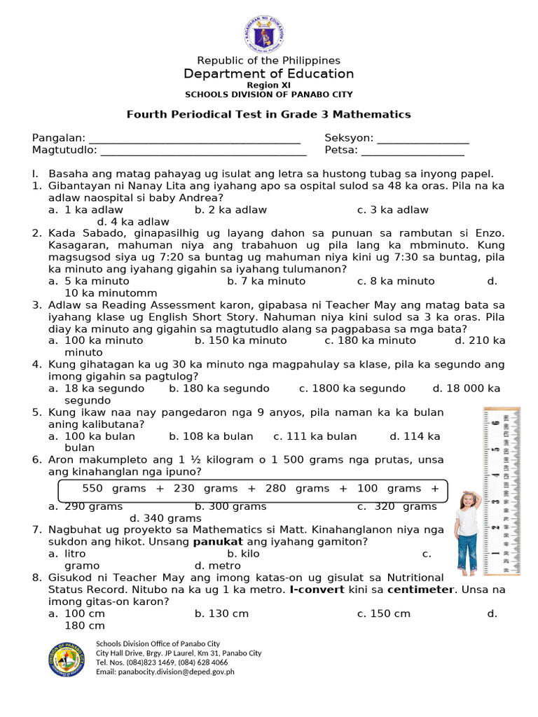 Q4 - G3 Mathematics 3 - Periodical Test - SY 2022 23 | PDF