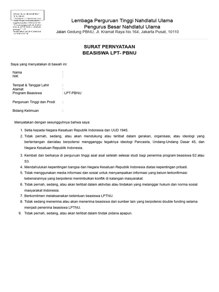 Surat Pernyataan Beasiswa LPT-PBNU | PDF