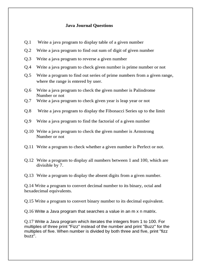 List of Java Journal Questions | PDF