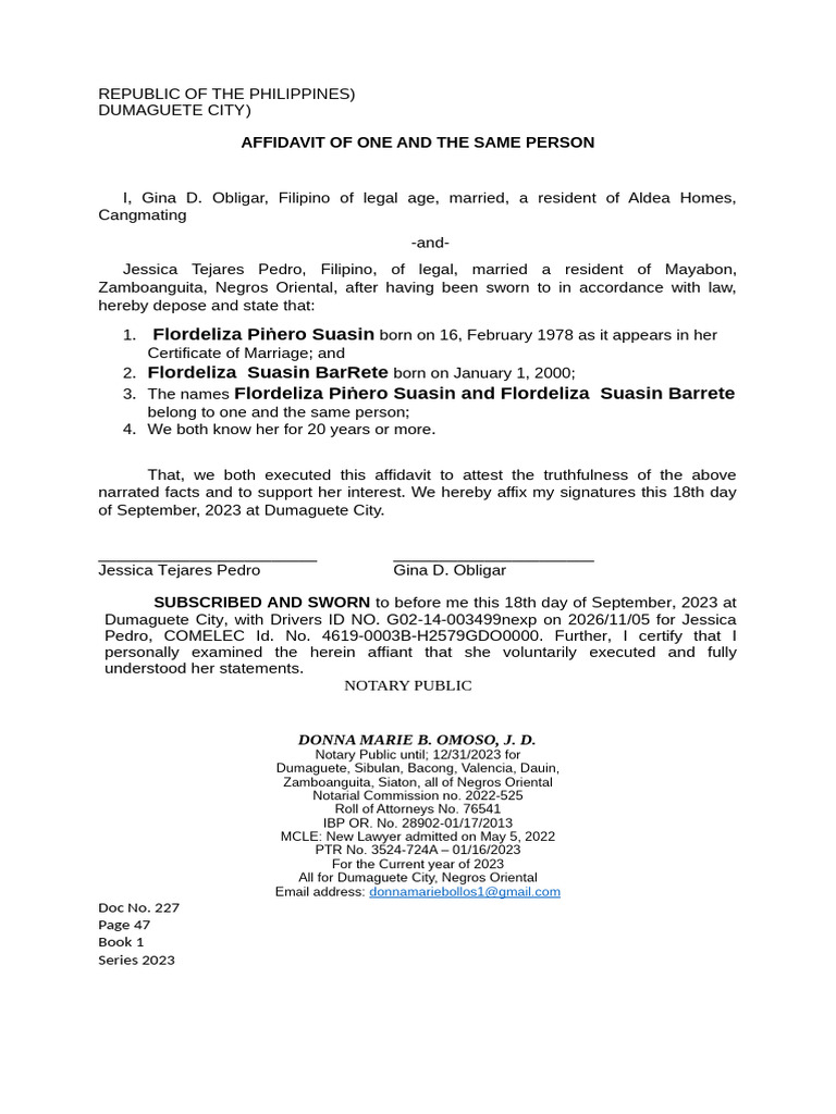 Affidavit of One and Te Same Person | PDF