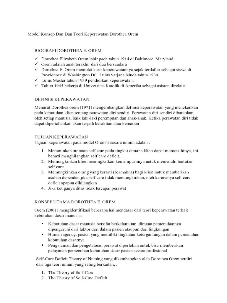 Model Konsep Teori Keperawatan Menurut Dorothea Orem | PDF