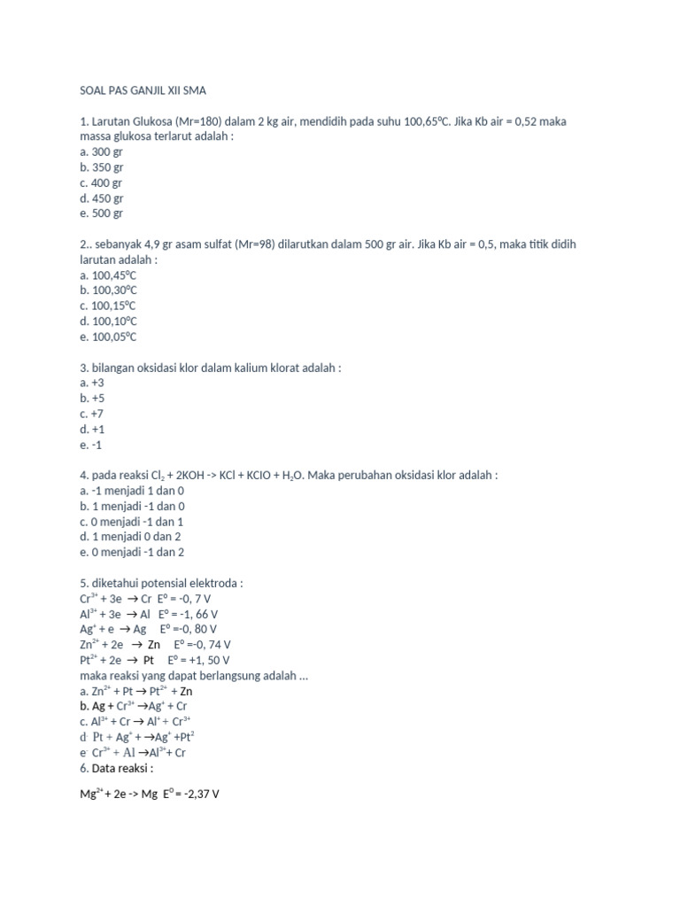 Soal Kimia Pas Ganjil Kelas Xii | PDF