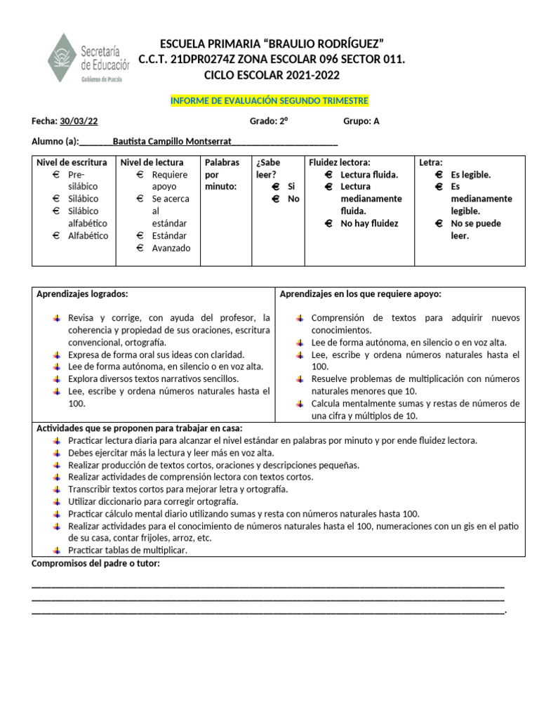 Informe Evaluación Segundo Trimestre 2° A | PDF | Comprensión lectora ...