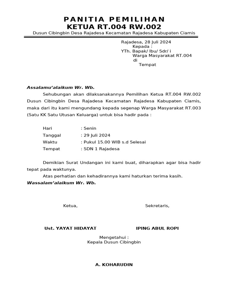 Undangan Pemilihan Ketua RT 004 Desa Rajadesa | PDF