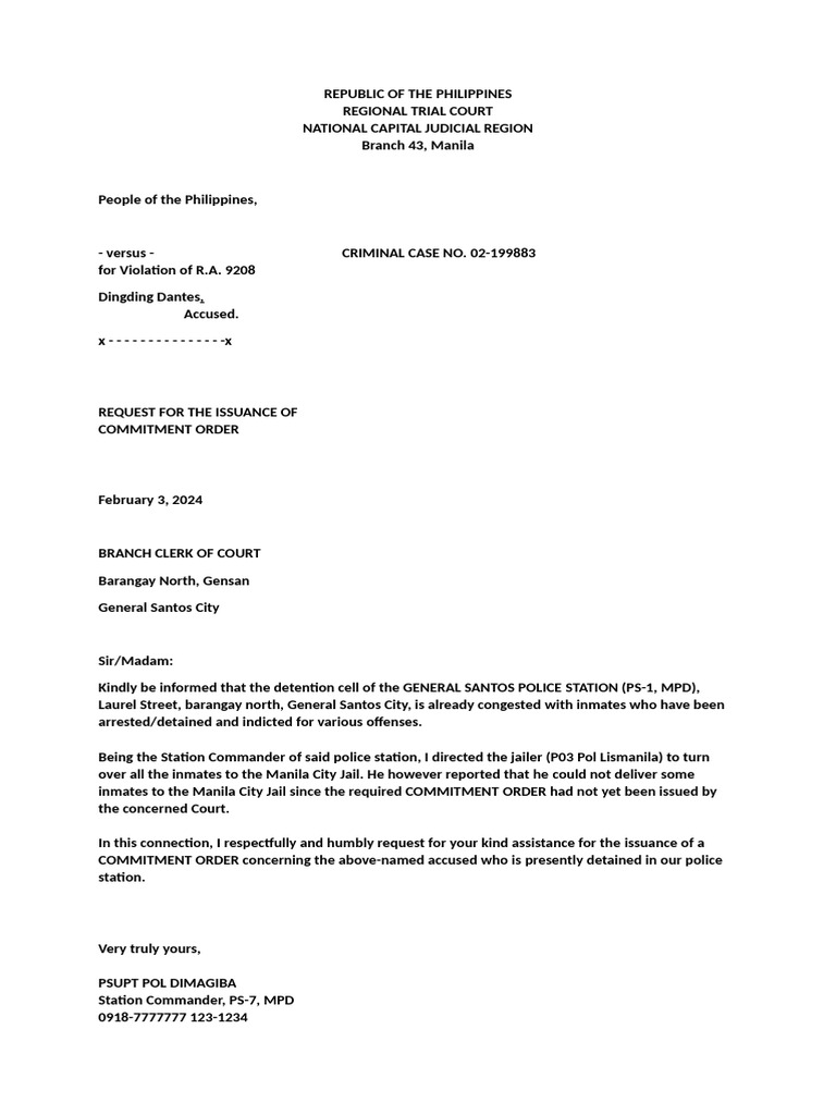 Request for Commitment Order in Criminal Case | PDF