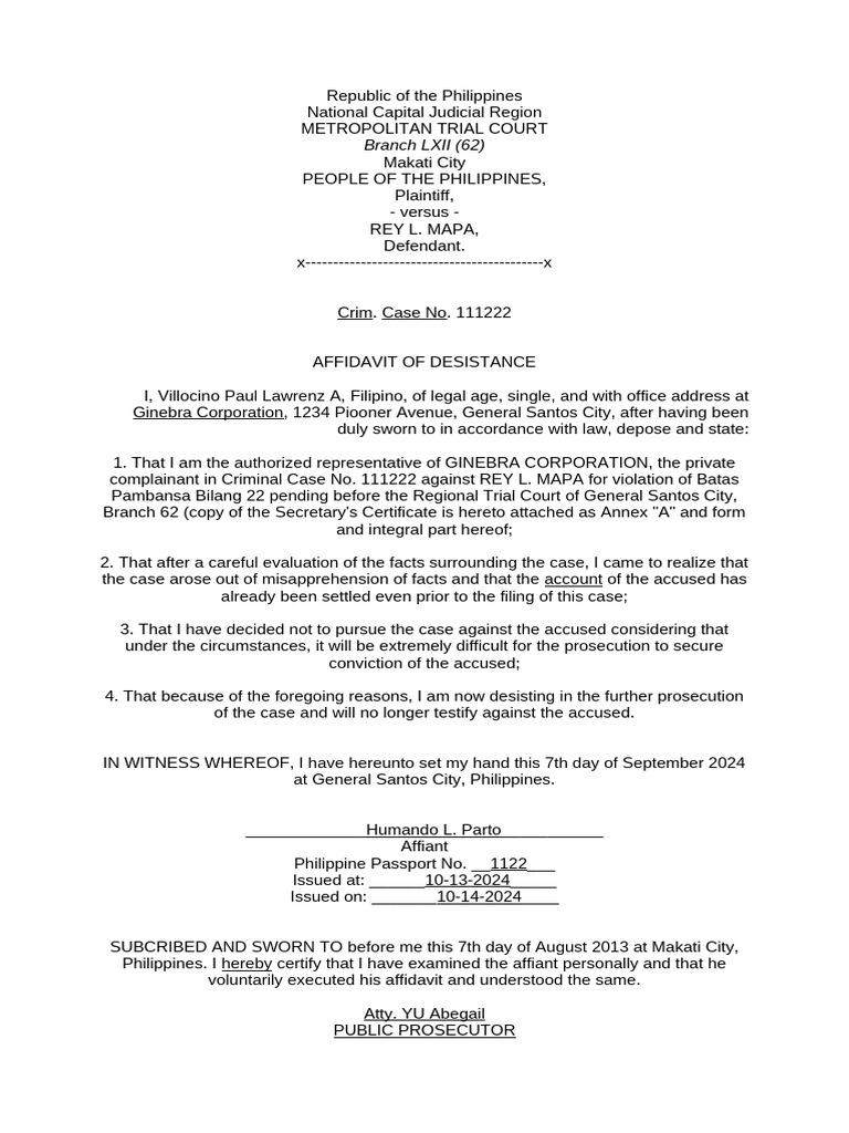Affidavit of Desistance in Criminal Case | PDF | Affidavit | Prosecutor