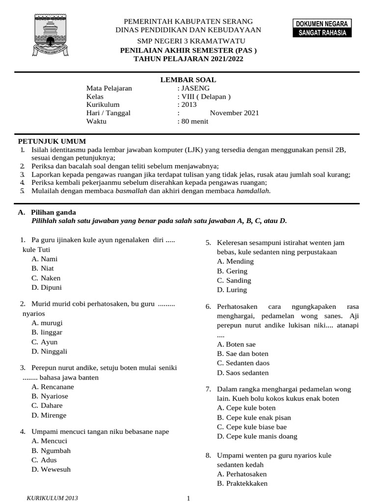 Soal PAS jaseng 8 2021 | PDF