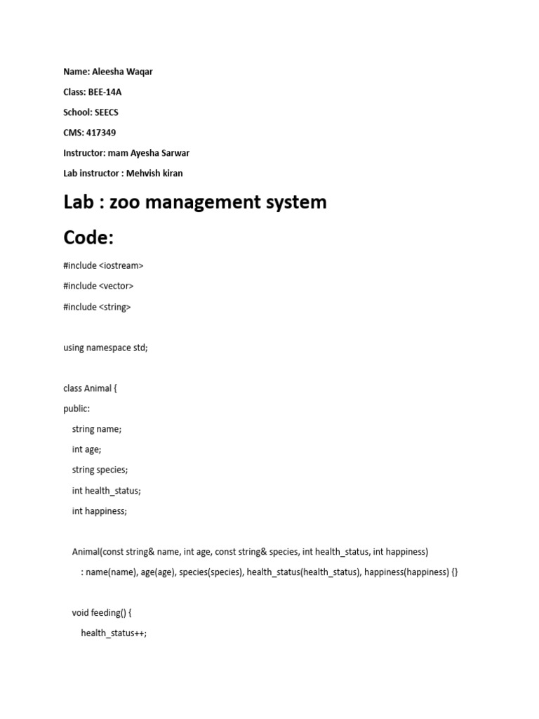 Lab: Zoo Management System Code | PDF | Zoo | Computer Programming Lab: Zoo Management System Code | PDF | Zoo | Computer Programming