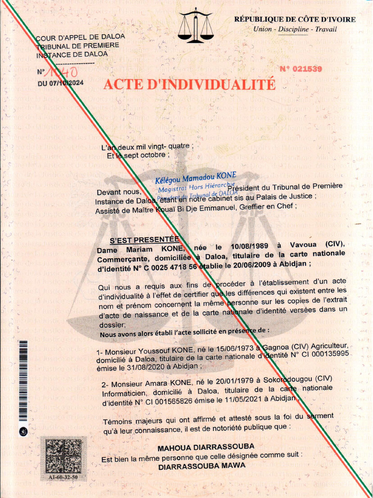 Acte D'individualite Kone Ali Badra | PDF