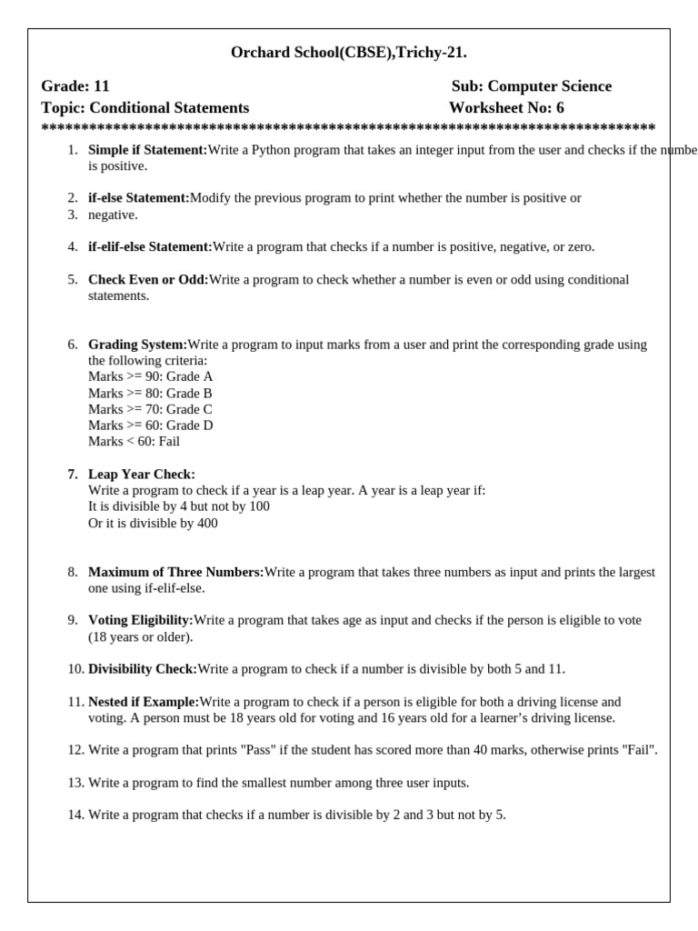 Grade 11 - CS - Chapter 5 - Worksheet No.6 - Conditional Statements | PDF