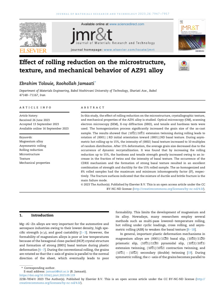 Effect Of Rolling Reduction On The Microstructure Pdf