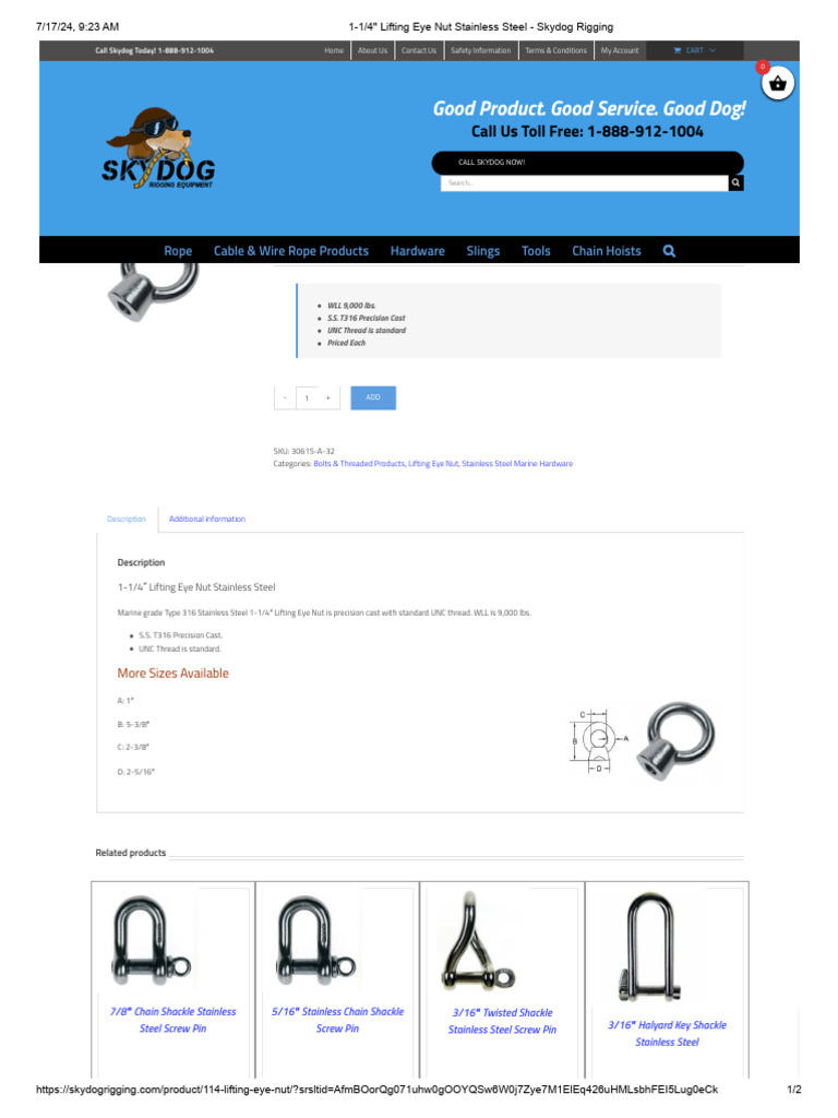 1-1 - 4 - Lifting Eye Nut Stainless Steel - Skydog Rigging | PDF