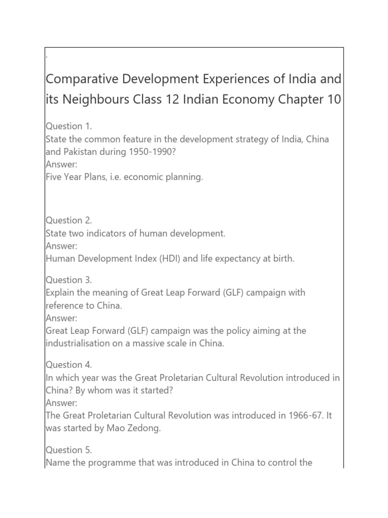 Comparative Development Experiences of India and Its Neighbours Class ...