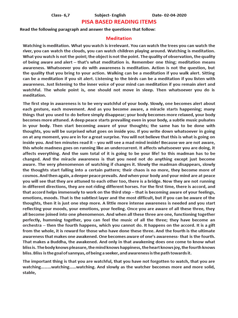 Meditation and Awareness Passage for 7th Grade | PDF | Meditation ...