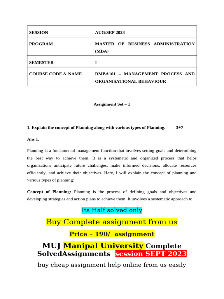 Dmba 101 - Management Process and Organisational Behaviour Sep 2023 | PDF