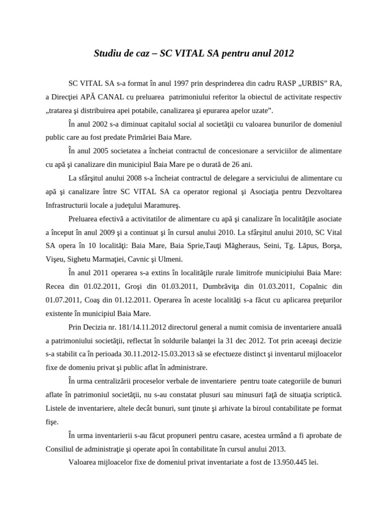 Studiu de Caz - SC VITAL SA Pentru Anul 2012 | PDF