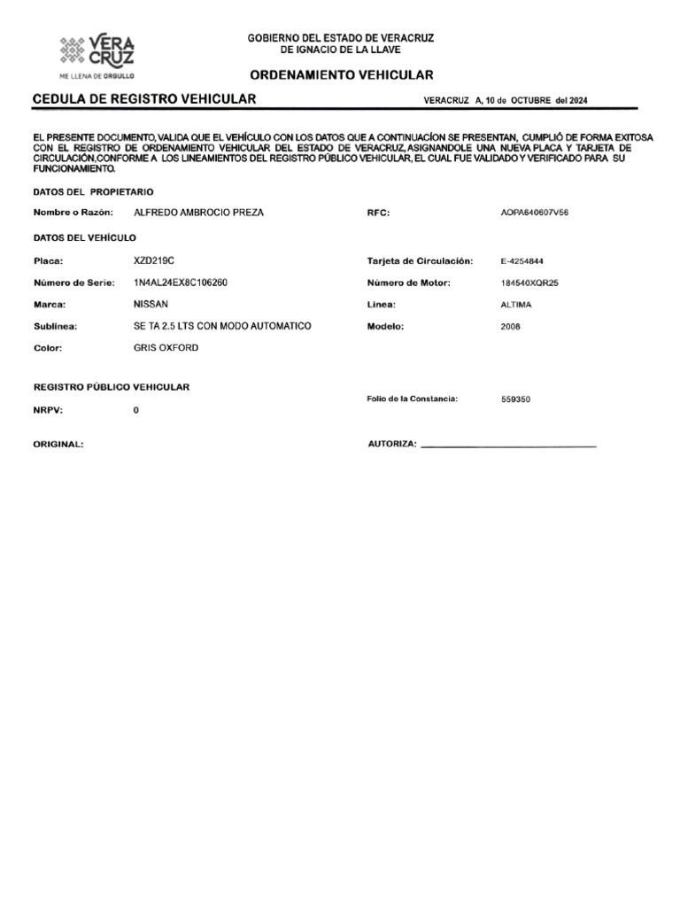 Cedula Vehicular Ambrocio | PDF