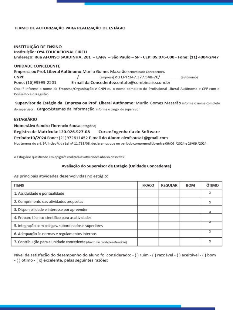 6 Anexo 6 - Relatorio Atividades Do Estagiario Concedente Assinado Assinado | PDF