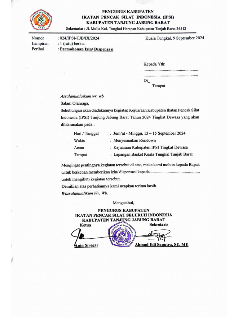 Surat Dispensasi Kejurkab IPSI 2024 | PDF